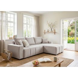 Ecksofa Home Affaire "L-Form Bello", beige, B:256cm, 100% Polyester, Sofas, Ecksofa, mit Bettfunktion, Bettkasten, Frei im Raum stellbar und Federkern