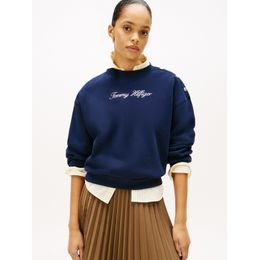 Sweatshirt Tommy Hilfiger "GOLD BTN SCRIPT FLEECE SWTSRT", Damen, Gr. L (40), schwarz night navy, Sweatware, Obermaterial: 64% Baumwolle, 36% Polyester, unifarben, regular fit, Rundhals, Rippb&uuml;ndchen, Sweatshirts Sweatshirt, mit goldfarbenen Kn&ouml;pfen
