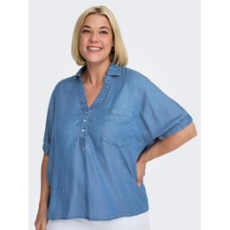Jeansbluse Only CARMAKOMA "CARCHARIS LIFE CAP SLEEVE SHIRT PNT", Damen, Gr. 42, medium blau denim, Web, Obermaterial: 100% Lyocell, unifarben, normal, V-Ausschnitt, elastischer Bund, Blusen Jeansbluse, im Denim Look, loose fit, elastische &Auml;rmelb&uuml;ndchen