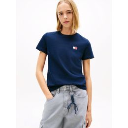 Kurzarmshirt Tommy Jeans "TJW REG WAVY FLAG SS TEE EXT", Damen, Gr. L (40), schwarz night navy, Single Jersey, Obermaterial: 100% Baumwolle, unifarben, regular fit normal, Rundhals, abgesteppte Kante, Shirts Kurzarmshirt, Tommy Flag-Badge auf Brust, Jersey aus reiner Baumwolle