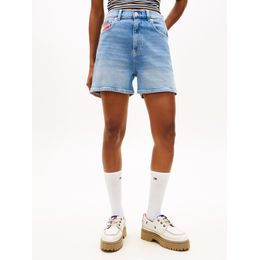 Jeansshorts Tommy Jeans "MOM SHORT RWB BJ8131", Damen, Gr. 25, N-Gr, denim medium, Denim/Jeans, Obermaterial: 81% Baumwolle, 18% Lyocell, 1% Elasthan, straight fit kurz, Jeans Jeansshorts, Straight Fit, Baumwoll-Mix mit Stretch