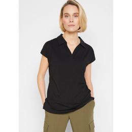 T-Shirt bonprix, Damen, Gr. 44/46 (L), schwarz, Jersey, Obermaterial: 95% Baumwolle, 5% Elasthan, unifarben, regular fit Po-bedeckend, V-Ausschnitt, angeschnitten, Shirts T-Shirt, Regular Fit Passform, Kurzarm, offener Polokragen