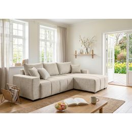 Ecksofa Home Affaire "L-Form Bello", beige, B:256cm, 100% Polyester, Sofas, Ecksofa, mit Bettfunktion, Bettkasten, Frei im Raum stellbar und Federkern