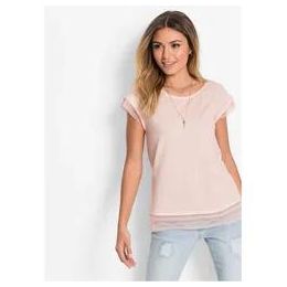 T-Shirt bonprix, Damen, Gr. 48/50 (XL), rosa, Jersey, Obermaterial: 100% Baumwolle, unifarben, bequem h&uuml;ftbedeckend, Rundhals, angeschnitten Spitzenkante, Shirts T-Shirt, bequeme Passform, &uuml;berschnittene Schultern, mit Spitzendetails