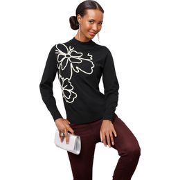 CR&Eacute;ATION L Damen Langarm-Pullover mit platziertem Blumenmotiv schwarz Gr&ouml;&szlig;e 40