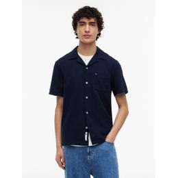 Leinenhemd Tommy Jeans "TJM REGULAR LINEN BLEND CAMP", Herren, Gr. L, N-Gr, schwarz night navy, Web, Obermaterial: 55% Leinen, 45% Baumwolle, bestickt, unifarben, regular fit h&uuml;ftbedeckend, V-Ausschnitt, Hemden, mit Reverskragen