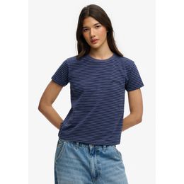 T-Shirt Superdry "ESSENTIAL LOGO STR FITTED TEE", Damen, Gr. XXL, mariner navy stripe, Single Jersey, Obermaterial: 100% Baumwolle, gestreift, slim fit normal, Rundhals, Shirts T-Shirt, angenehmes Tragegef&uuml;hl durch besonders weiche Haptik