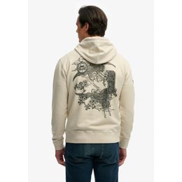 Kapuzensweatshirt Superdry "TOKYO NARRATIVE LOOSE HOOD", Herren, Gr. L, rainy day grau, angeraute Sweatware, Obermaterial: 100% Baumwolle, bedruckt, loose fit normal, Rundhals, Sweatshirts, mit coolem Tattoo-Print