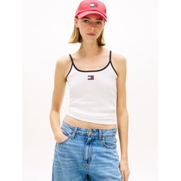 T-Shirt Tommy Jeans "TJW SLIM BADGE STRAPPY TOP", Damen, Gr. L (40), ecru, Single Jersey, Obermaterial: 95% Baumwolle, 5% Elasthan, unifarben, slim fit h&uuml;ftlang, Balconnet, Shirts T-Shirt, mit den auff&auml;lligen Kontrastdetails