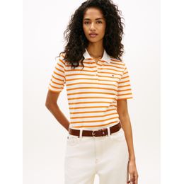 Poloshirt Tommy Hilfiger "1985 REG PIQUE POLO", Damen, Gr. L (42/44), breton stripe ecru, orange flash, Piqu&eacute;, Obermaterial: 96% Baumwolle, 4% Elasthan, gestreift, regular fit normal, Rundhals, abgesteppte Kante, Shirts, mit Logo-Stickerei, Seitenschlitze, Regular Fit