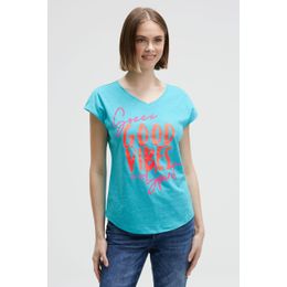 V-Shirt SOCCX, Damen, Gr. M, blau (ocean flash), Single Jersey, Material: 100% Baumwolle, Glitzermuster, bedruckt, regular fit normal, V-Ausschnitt, angeschnitten gerader Abschluss, Shirts, mit &uuml;berschnittenen Schultern