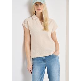 T-Shirt Cecil, Damen, Gr. L (42), pearl beige, Web, Obermaterial: 80% Baumwolle, 20% Polyester, unifarben, normal h&uuml;ftbedeckend, V-Ausschnitt, abgesteppte Kante, Shirts T-Shirt, Sommershirt mit Struktur im Two-Tone-Look und mit Polokragen