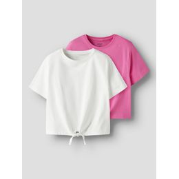 T-Shirt name it "NKFVAYA 2P SS LOOSE TOP", Jungen, Gr. 116, strawberry moon pack:hellwei&szlig;, Jersey, Obermaterial: 100% Baumwolle, unifarben, normal normal, Rundhals, Shirts T-Shirt, mit tollem Knoten-Detail am Saum