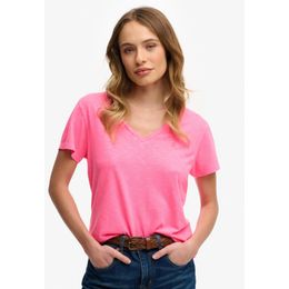 T-Shirt Superdry "STUDIOS SLUB EMB VEE TEE", Damen, Gr. L, fluro pink, Single Jersey, Obermaterial: 60% Baumwolle, 40% Lyocell, unifarben, regular fit normal, V-Ausschnitt, Shirts T-Shirt, Baumwollmischung, relaxed fit