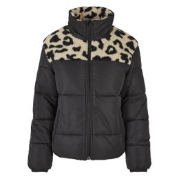 Winterjacke Urban Classics "Urban Classics Damen Ladies AOP Sherpa Mixed Puffer Jacket", Damen, Gr. L, schwarz, sandleo, 100% Polyester, mehrfarbig, oversize, amerikanischer Ausschnitt, Jacken Winterjacke