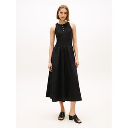 A-Linien-Kleid Tommy Hilfiger "GOLD BUTTON POPLIN MIX DRESS", Damen, Gr. S (36/38), N-Gr, schwarz, Web, Obermaterial: 100% Baumwolle, unifarben, tailliert lang, Rundhals, Kleider, Baumwollmischung, mit goldfarbenen Kn&ouml;pfen