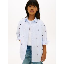 Hemdbluse Tommy Hilfiger "STRIPED STAR SHIRT LONG SLEEVE", M&auml;dchen, Gr. 7 (122), blau (sweet blau stripes), Popeline, Obermaterial: 100% Baumwolle, bestickt, gestreift, regular fit h&uuml;ftbedeckend, 1-Knopf-Manschette, Blusen Hemdbluse, Kinder bis 16 Jahre, mit Stickereien