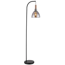 Globo LIGHTING Stehlampe "MATTEA", schwarz matt, 1, H: 150cm, 1 Stk., Leuchten, Schwarze Stehleuchte mit rauchfarbenem Glas und Holzoptik, Stehlampe