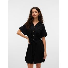 V&eacute;ro Moda Hemdblusenkleid VERO MODA "VMBUMPY SS SHORT SHIRT DRESS WVN GA NOOS", Damen, Gr. M, N-Gr, schwarz, Web, Obermaterial: 100% Viskose, unifarben, regular fit kurz, V-Ausschnitt, Kleider, Viskose, loose fit