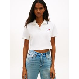 Poloshirt Tommy Jeans "TJW CRP BADGE SHORT SLEEVE POLO", Damen, Gr. M (38), ecru, Piqu&eacute;, Obermaterial: 97% Baumwolle, 3% Elasthan, unifarben, gerade taillenlang, V-Ausschnitt, abgesteppte Kante, Shirts, mit verk&uuml;rztem Schnitt, Boxy Fit