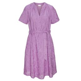 Blusenkleid Lascana, Damen, Gr. 34, N-Gr, lila (violett), Web, Obermaterial: 100% Baumwolle. Futter: 100% Baumwolle, unifarben, figurumspielend bodenlang, tiefer V-Ausschnitt, 1-Knopf-Manschette, Kleider Blusenkleid, und Lochstickerei, Spitzenkleid