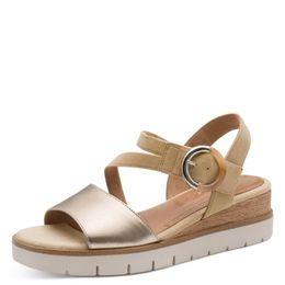 Keilsandalette Tamaris, Damen, Gr. 40, beige, goldfarben, Leder, Nubukleder, gl&auml;nzend, Schuhe, Plateau, Riemchensandale, Sommerschuh mit verstellbarer Schnalle