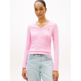 Strickpullover Tommy Hilfiger "STITCH V-NECK", Damen, Gr. L (42/44), rose petal, Feinstrick, Obermaterial: 67% Baumwolle, 33% Polyamid, unifarben, Basic, regular fit normal, V-Ausschnitt, eingesetzt Rippstrickb&uuml;ndchen mit Kn&ouml;pfen, Pullover Strickpullover, mit Knopfdetail am &Auml;rmel, Regular Fit