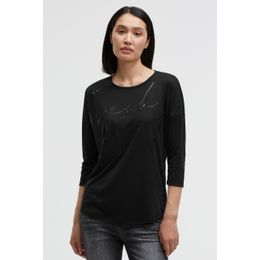 Rundhalsshirt SOCCX, Damen, Gr. L, schwarz, Single Jersey, Material: 65% Polyester, 35% Viskose, Glitzermuster, bedruckt, regular fit normal, Rundhals, angeschnitten gerader Abschluss, Shirts Rundhalsshirt, mit &uuml;berschnittenen Schultern