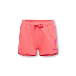 Sweatshorts KIDS Only "KOGAMANDA LIFE STRING SHORTS UB FR SWT", M&auml;dchen, Gr. 122/128, N-Gr, sugar coral detail:palm Only, pink glo, Sweatware, Obermaterial: 100% Baumwolle, unifarben, Basic kurz, Hosen Sweatshorts, mit kleinem Motiv am linken Bein