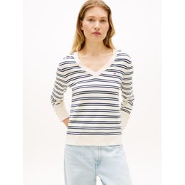 Strickpullover Tommy Hilfiger "STITCH V-NECK", Damen, Gr. XL (46), calico, schwarz n navy, blau stp, Feinstrick, Obermaterial: 67% Baumwolle, 33% Polyamid, gestreift, Basic, regular fit normal, V-Ausschnitt, eingesetzt Rippstrickb&uuml;ndchen mit Kn&ouml;pfen, Pullover Strickpullover, mit Knopfdetail am &Auml;rmel, Regular Fit