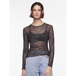 Langarmshirt Pieces "PCNINNI LS MESH TOP NOOS BC", Damen, Gr. XS, schwarz (schwarz aop:leo), Web, Obermaterial: 95% Polyester, 5% Elasthan, bedruckt, durchscheinend, gemustert, mehrfarbig, transparent, regular fit normal, Rundhals, Shirts Langarmshirt, Materialmix, regular fit