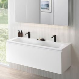 rivea Dia Unterschrank B: 141 cm mit 1 Auszug, Doppelwaschtisch mit 2 Hahnl&ouml;chern wei&szlig; matt,, BR0044WM+BR0127WM,