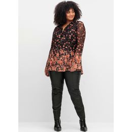 Schlupfbluse sheego by Joe Browns, Damen, Gr. 44, schwarz (schwarz, gemustert), 95% Polyester, 5% Elasthan, gebl&uuml;mt, gemustert, V-Ausschnitt, Blusen Schlupfbluse