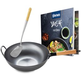 CLP Wok-Set aus Karbonstahl I Flacher oder runder Boden f&uuml;r Gas, Induktion und Grill I Wokpfanne mit Holzgriff, Rezeptbuch & Wokwender