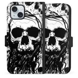 DeinDesign iPhone 15 Handy Klapph&uuml;lle Handyh&uuml;lle aus Kunst Leder schwarz Flip Case Totenkopf Skulls Halloween Sideflip mit Lasche