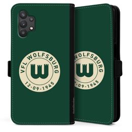 DeinDesign Galaxy A32 5G Handy Klapph&uuml;lle Handyh&uuml;lle aus Kunst Leder schwarz Flip Case 80 Jahre Vfl Wolfsburg Official Licensed Product Sideflip mit langer 