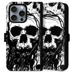 DeinDesign iPhone 16 Pro Max Handy Klapph&uuml;lle Handyh&uuml;lle aus Kunst Leder schwarz Flip Case Totenkopf Skulls Halloween Sideflip mit Lasche
