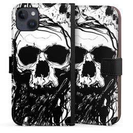 DeinDesign iPhone 14 Plus Handy Klapph&uuml;lle Handyh&uuml;lle aus Kunst Leder schwarz Flip Case Totenkopf Skulls Halloween Sideflip mit langer Lasche