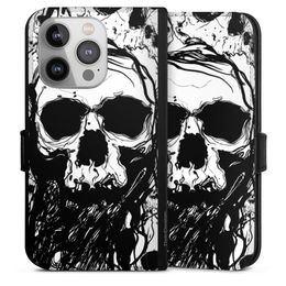 DeinDesign iPhone 14 Pro Handy Klapph&uuml;lle Handyh&uuml;lle aus Kunst Leder schwarz Flip Case Totenkopf Skulls Halloween Sideflip mit langer Lasche