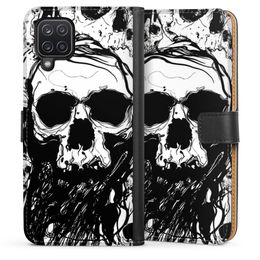 DeinDesign Galaxy A12 Handy Klapph&uuml;lle Handyh&uuml;lle aus Kunst Leder schwarz Flip Case Totenkopf Skulls Halloween Sideflip mit langer Lasche