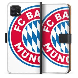 DeinDesign Galaxy A22 5G Handy Klapph&uuml;lle Handyh&uuml;lle aus Kunst Leder schwarz Flip Case Logo Fcb Fc Bayern M&uuml;nchen Sideflip mit langer Lasche