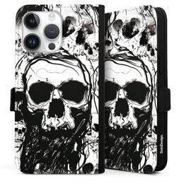 DeinDesign iPhone 14 Pro Max Handy Klapph&uuml;lle Handyh&uuml;lle aus Kunst Leder schwarz Flip Case Totenkopf Skulls Halloween Sideflip mit Lasche