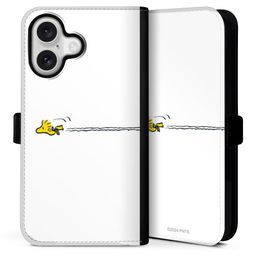 DeinDesign iPhone 16 Handy Klapph&uuml;lle Handyh&uuml;lle aus Kunst Leder schwarz Flip Case Peanuts Official Licensed Product Children Sideflip mit Lasche
