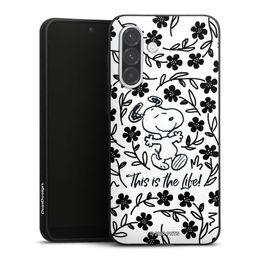 DeinDesign Galaxy A36 5G Handy Premium Silikon H&uuml;lle Handyh&uuml;lle schwarz Case Peanuts Flowers Snoopy Silikon Premium Case
