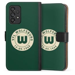 DeinDesign Galaxy A53 5G Handy Klapph&uuml;lle Handyh&uuml;lle aus Kunst Leder schwarz Flip Case Vfl Wolfsburg Official Licensed Product 80 Jahre Sideflip mit langer 