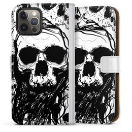DeinDesign iPhone 12 Pro Max Handy Klapph&uuml;lle Handyh&uuml;lle aus Kunst Leder wei&szlig; Flip Case Totenkopf Skulls Halloween Sideflip mit Lasche