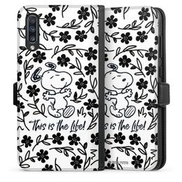 DeinDesign Galaxy A70 Handy Klapph&uuml;lle Handyh&uuml;lle aus Kunst Leder schwarz Flip Case Peanuts Flowers Snoopy Sideflip mit Lasche