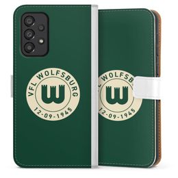 DeinDesign Galaxy A33 5G Handy Klapph&uuml;lle Handyh&uuml;lle aus Kunst Leder wei&szlig; Flip Case Vfl Wolfsburg Official Licensed Product 80 Jahre Sideflip mit Lasche