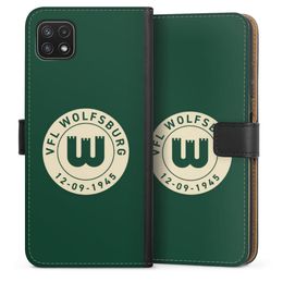 DeinDesign Galaxy A22 5G Handy Klapph&uuml;lle Handyh&uuml;lle aus Kunst Leder schwarz Flip Case Vfl Wolfsburg Official Licensed Product 80 Jahre Sideflip mit langer 