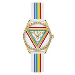 Quarzuhr Guess "JOY", bunt, goldfarben, Armbanduhren, Damen, Quarzuhr, Armbanduhr, Damenuhr, Silikonarmband, analog